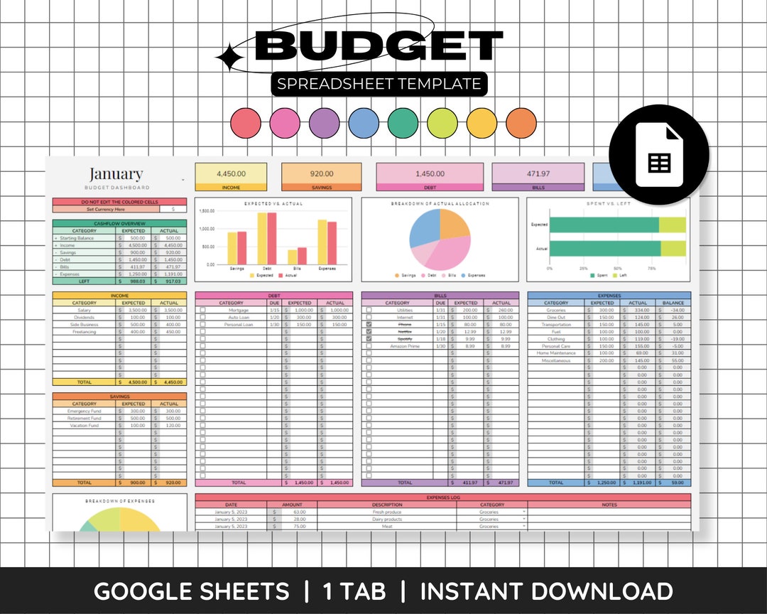 Monthly Budget Spreadsheet Google Sheet Income Savings Bills Debt ...