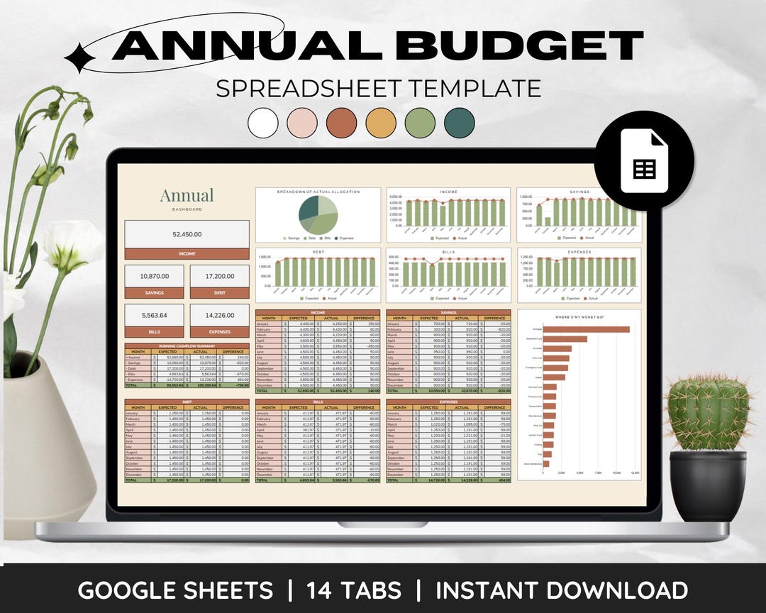 Google Sheets Annual Budget Spreadsheet, Monthly Digital Finance ...