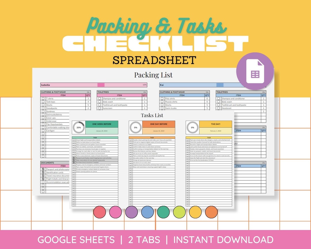 Travel Packing List for Google Sheets, To-do Checklist, Tasks List ...