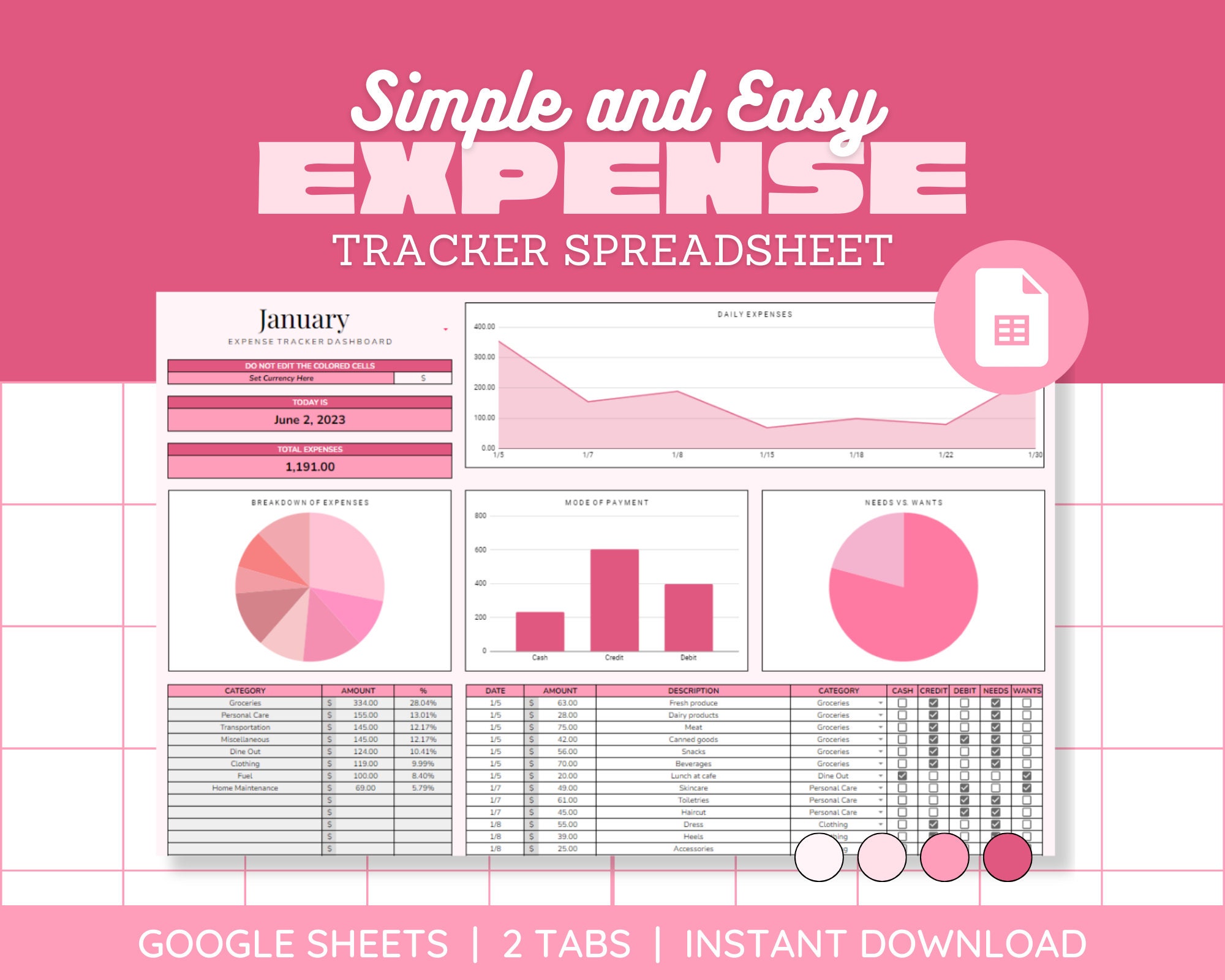Expense Tracker Spreadsheet Google Sheets, Digital Planner Template ...