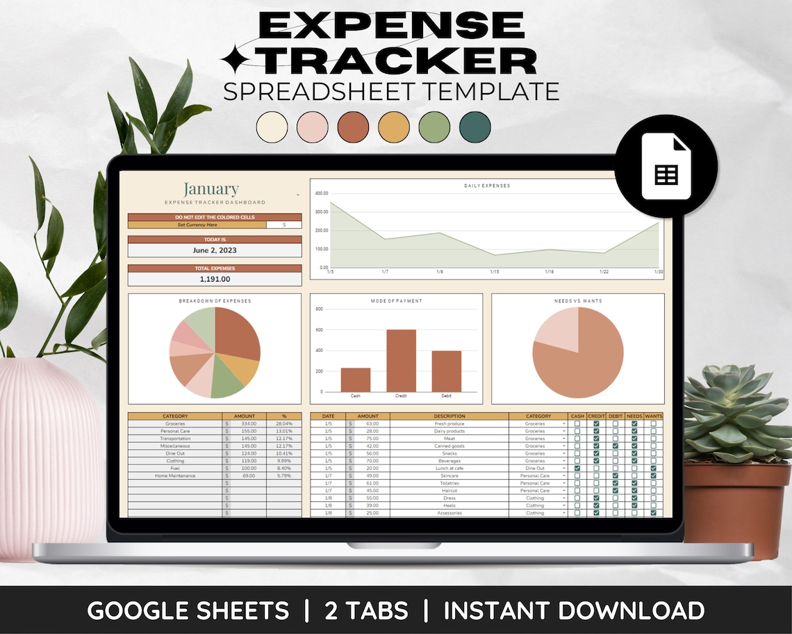 Google Sheets Expense Tracker Spreadsheet Template Digital Finance ...