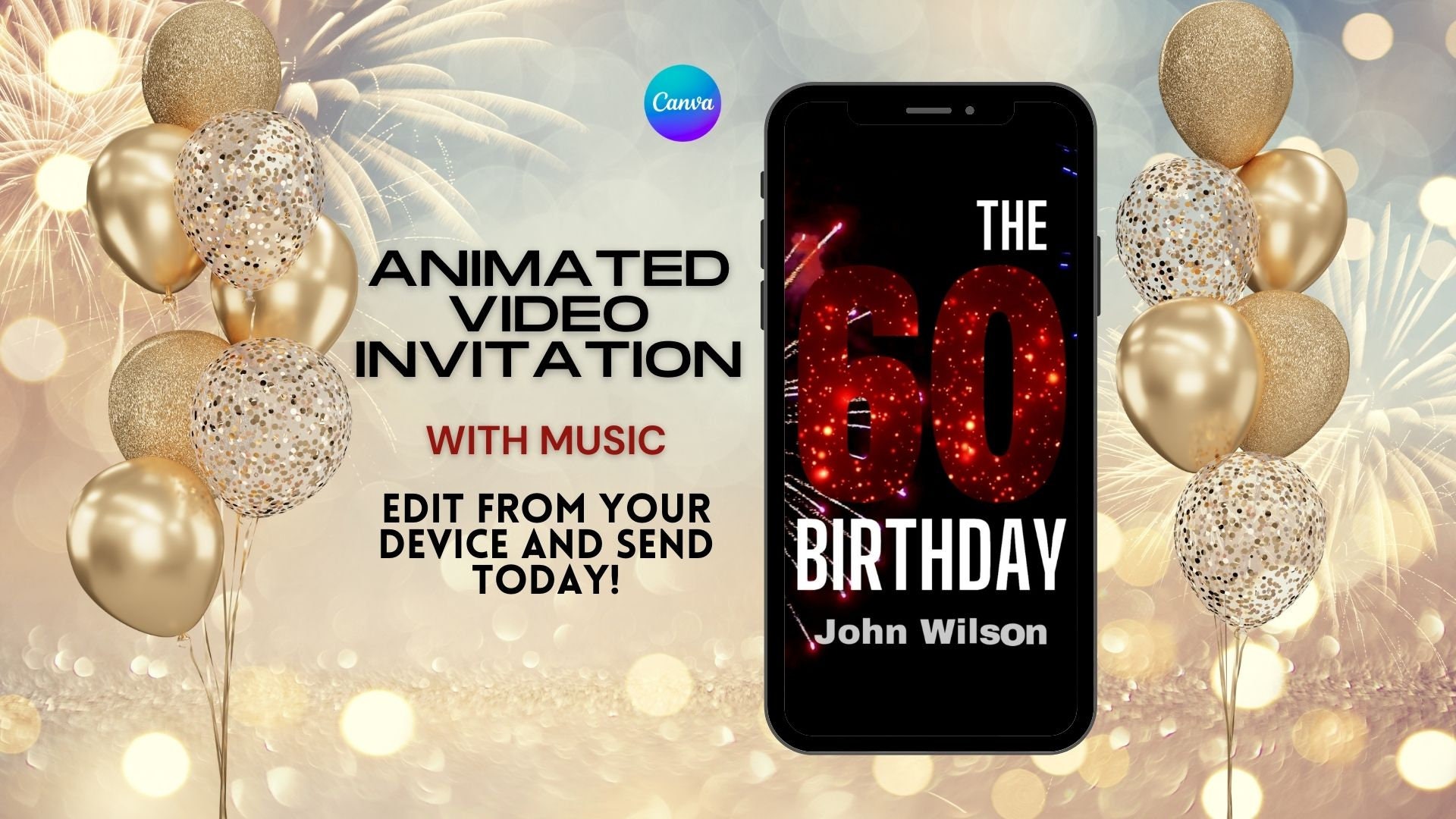 Animated 60th Birthday Video Invitation Fireworks Black. Digitally 60th ...