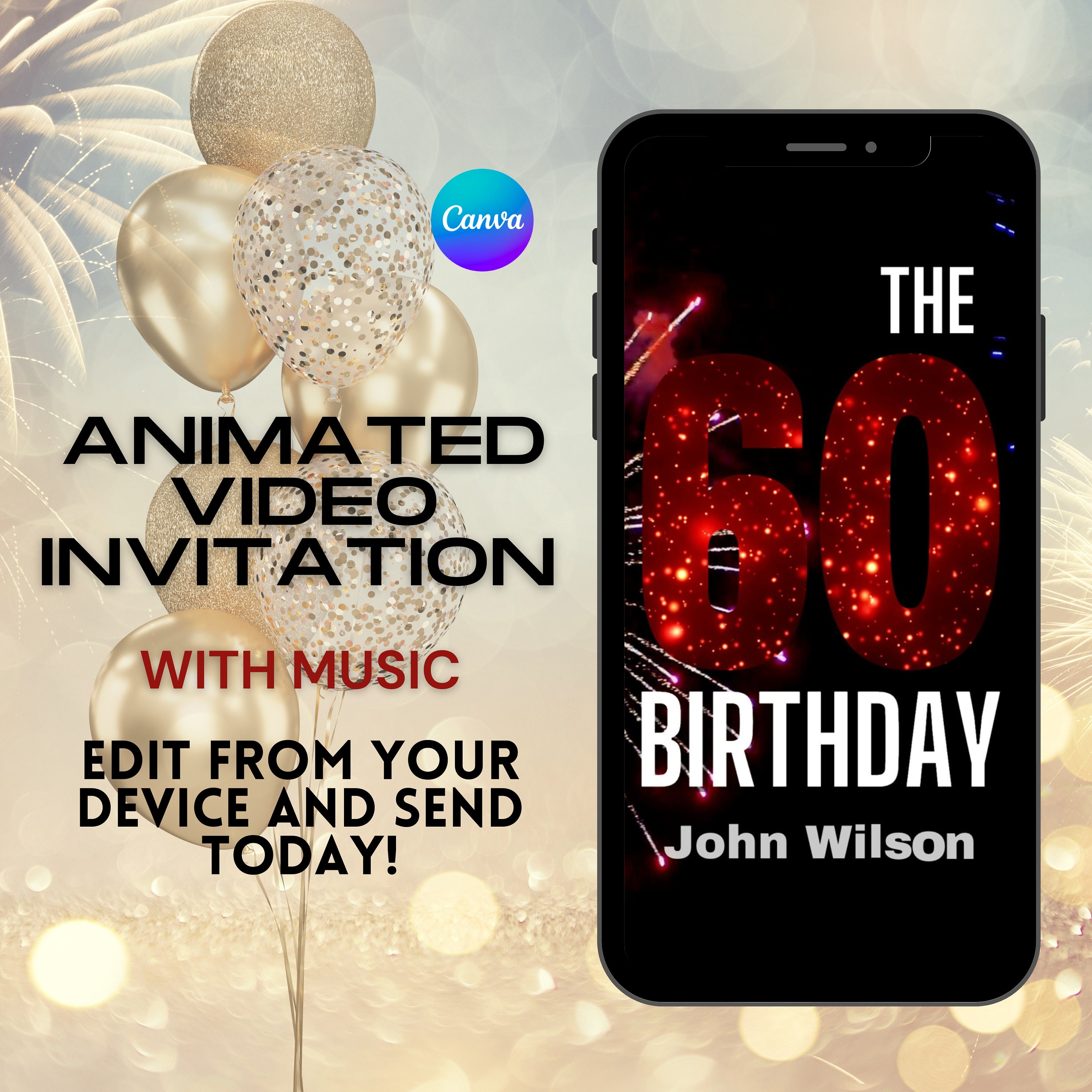 Animated 60th Birthday Video Invitation Fireworks Black. Digitally 60th ...