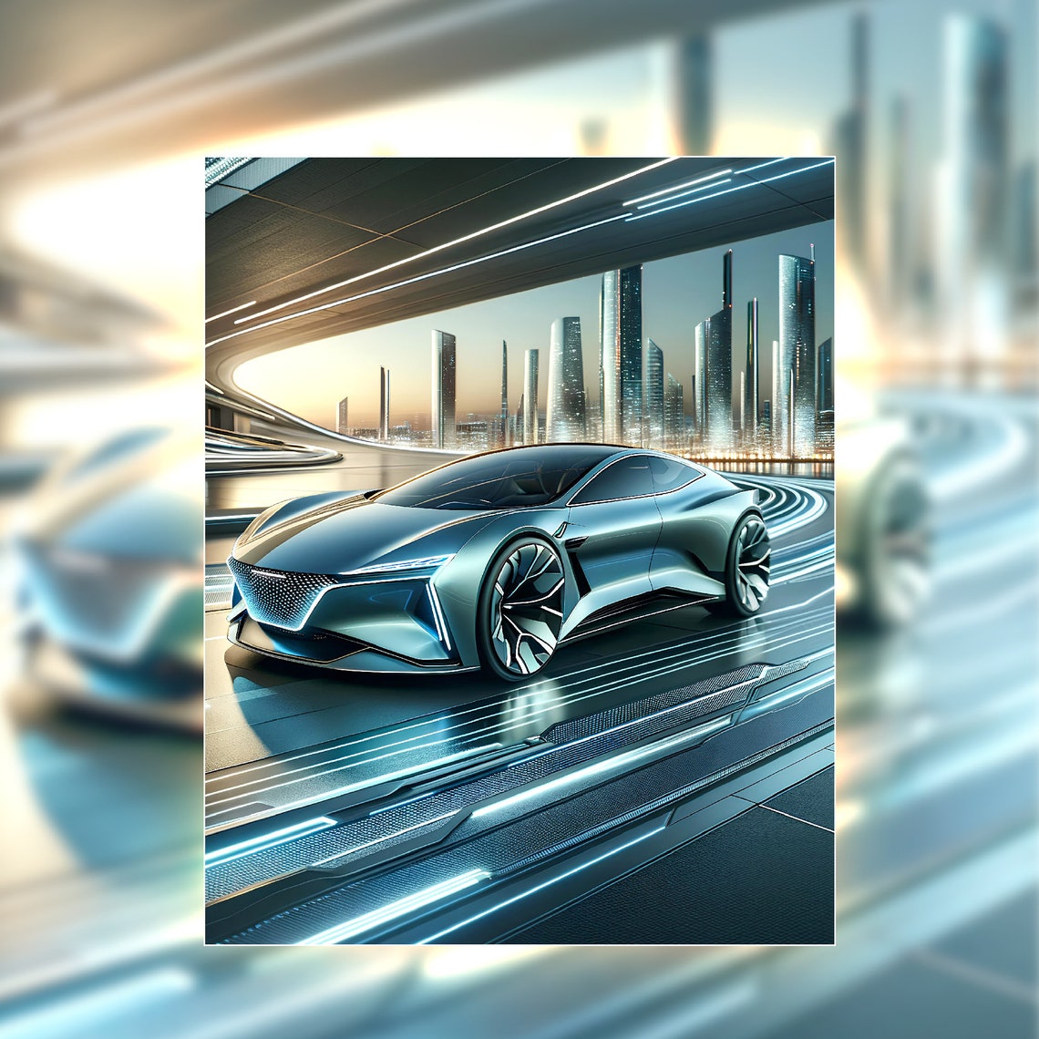 Digital Wall Art. Futuristic Metallic Blue Car on an Illuminated High ...