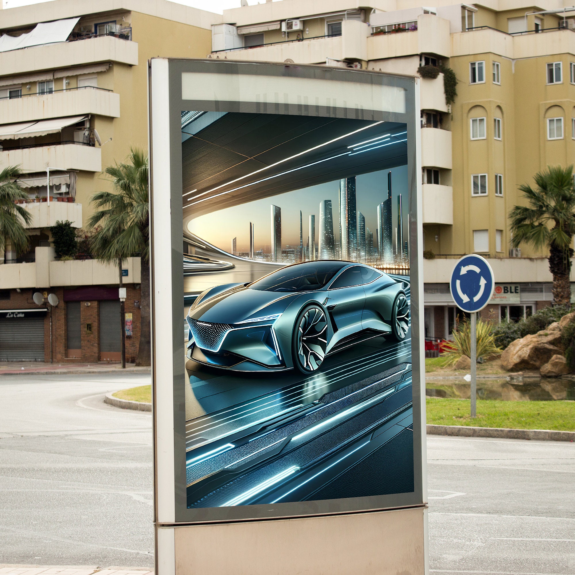 Digital Wall Art. Futuristic Metallic Blue Car on an Illuminated High ...