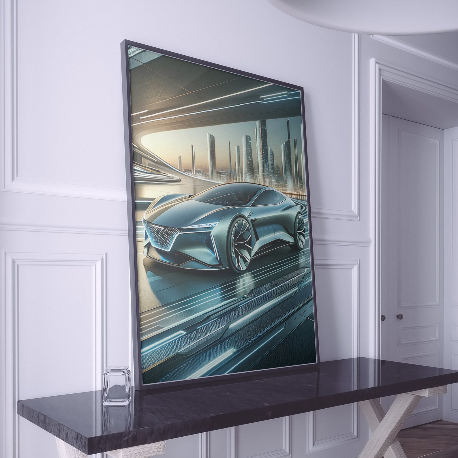 Digital Wall Art. Futuristic Metallic Blue Car on an Illuminated High ...