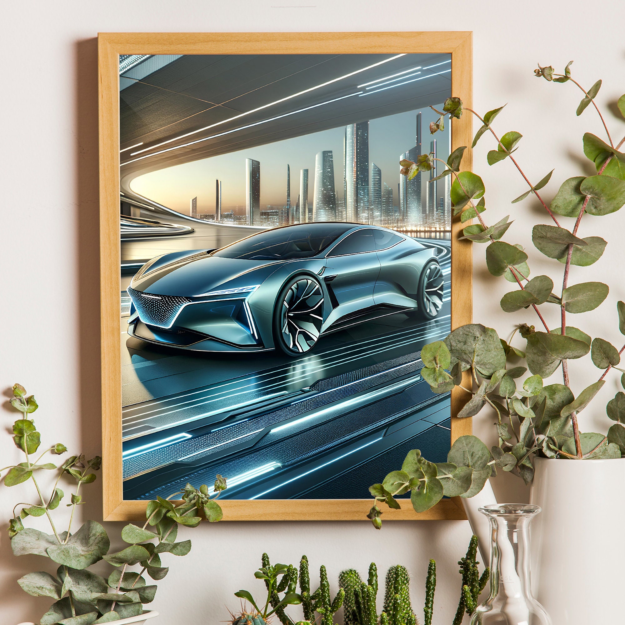 Digital Wall Art. Futuristic Metallic Blue Car on an Illuminated High ...