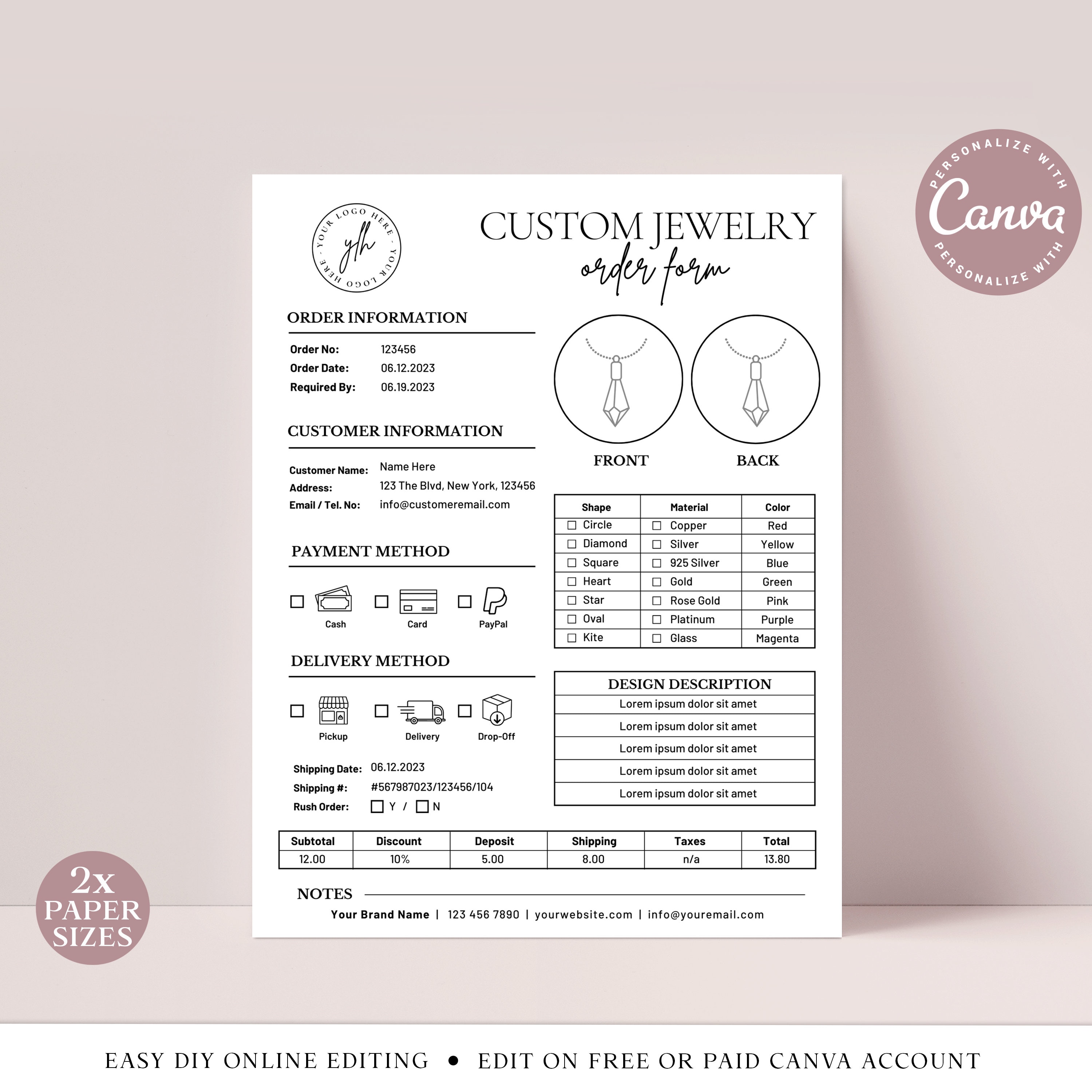 Jewelry Order Form CANVA Editable Template 2 SIZES Printable Jewellery Order Form Ornament Order Log Small Business Order Forms SIC001 Etsy