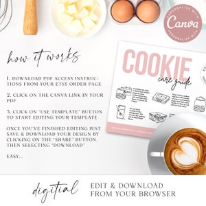 CANVA Cookie Care Guide Editable Template, 2 SIZES, Printable Biscuit Care Card, Cookie Serving ...