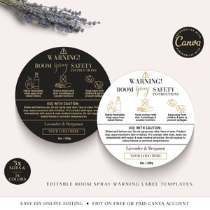 Room Spray Warning Label CANVA Template 3 Sizes DIY Editable Room Mist ...