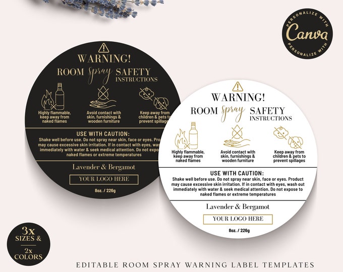 Room Spray Warning Label CANVA Template 3 Sizes DIY Editable Room Mist ...