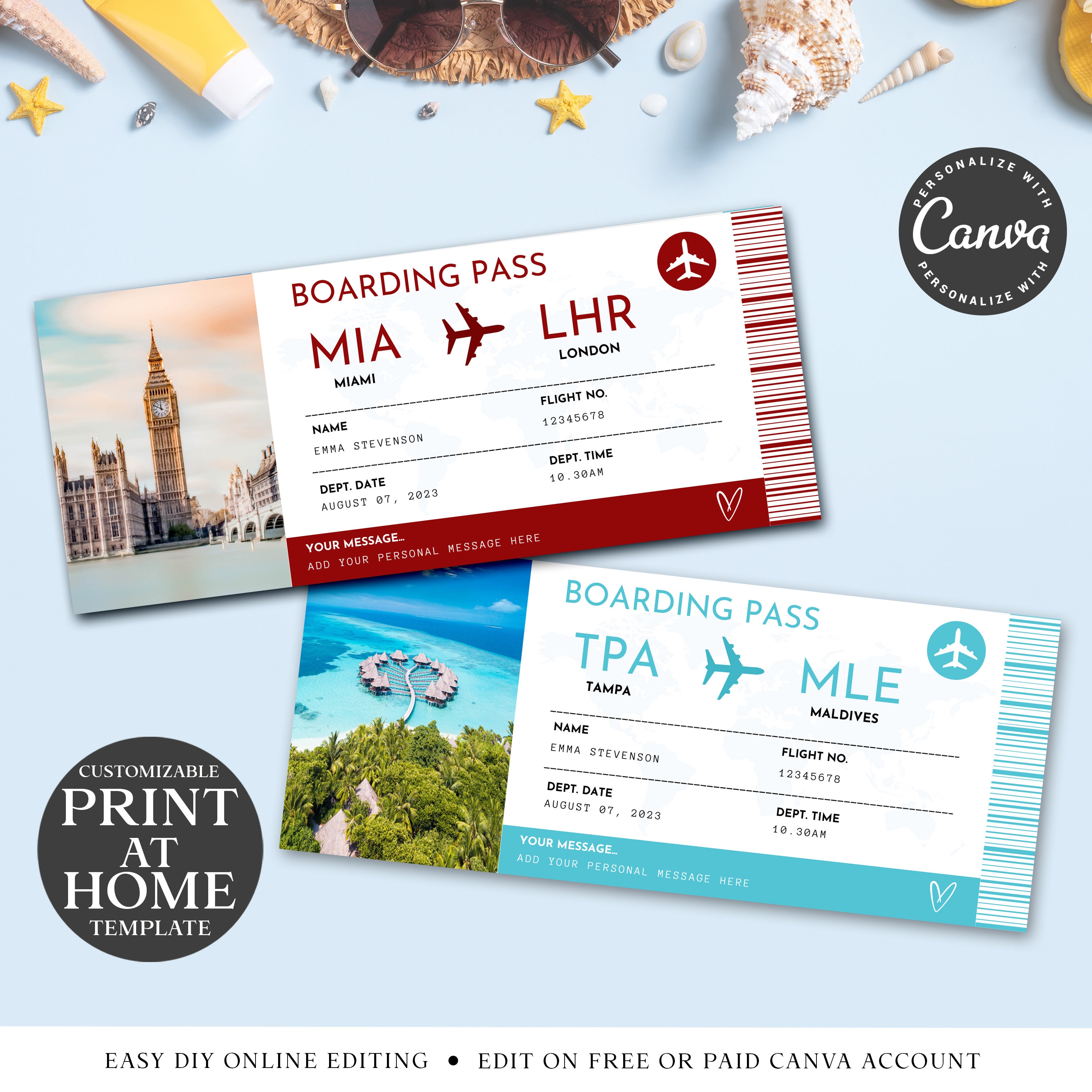CANVA Boarding Pass Editable Template PRINTABLE Flight - Etsy UK