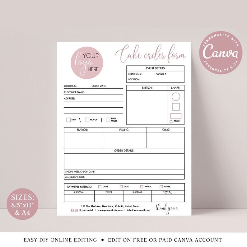 Cake Order Form CANVA Editable Template DIY Cake Business - Etsy