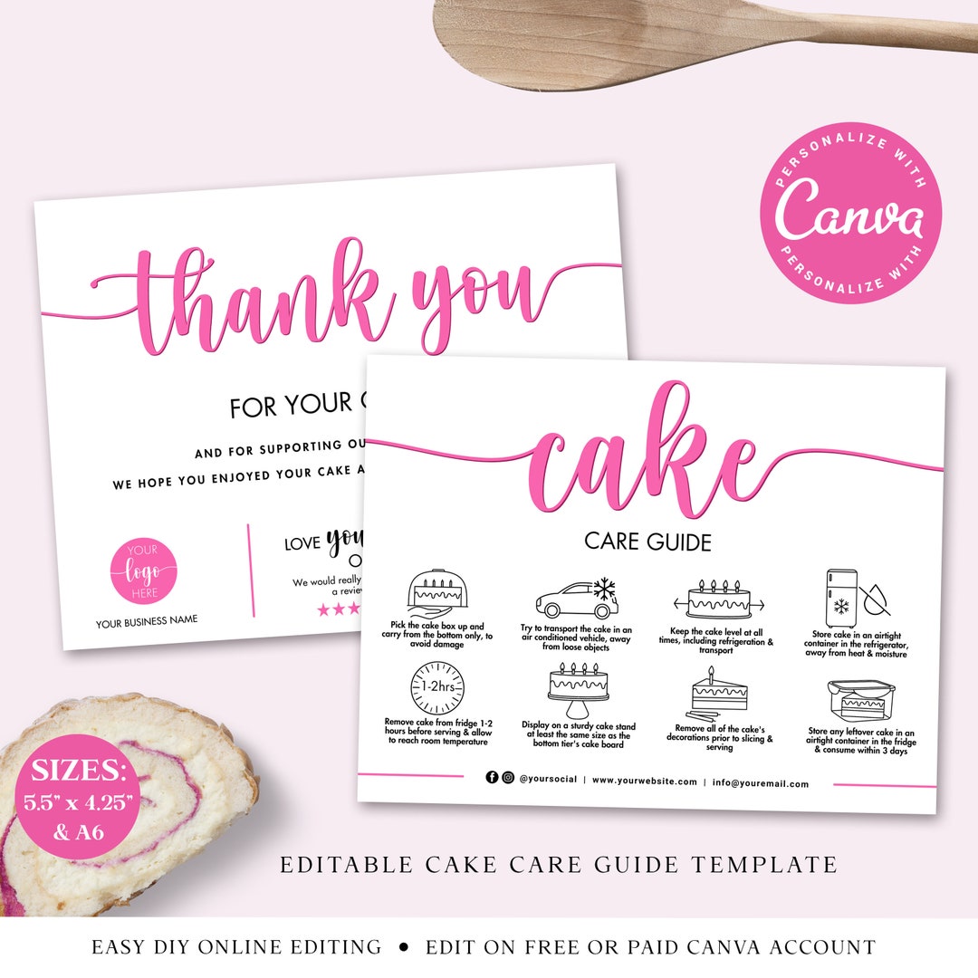 Cake Care Guide CANVA Editable Template, Printable Cake Care Card, Cake ...