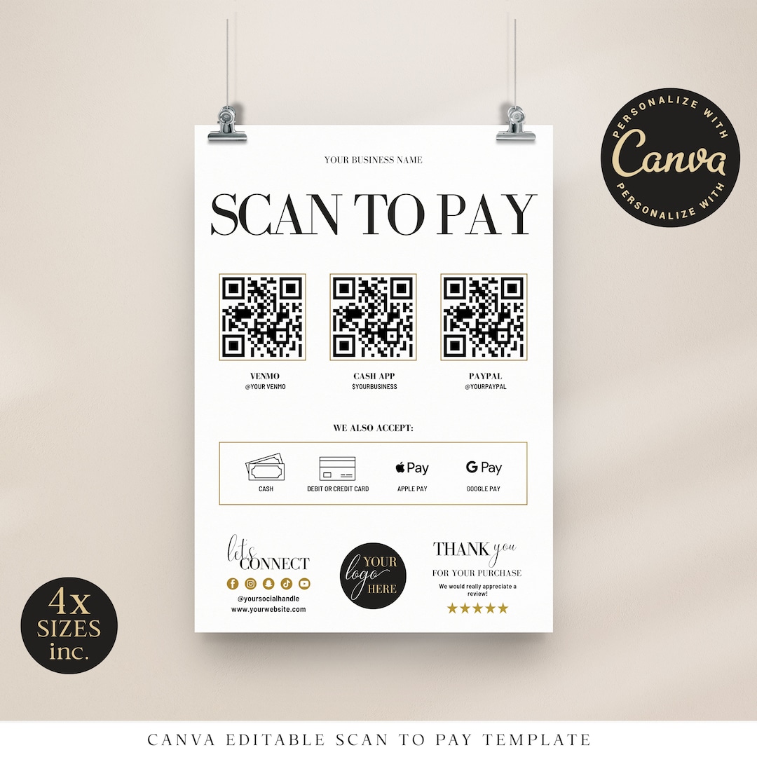 Payment Sign CANVA Editable Template, Black Gold DIY Edit Scan to Pay ...