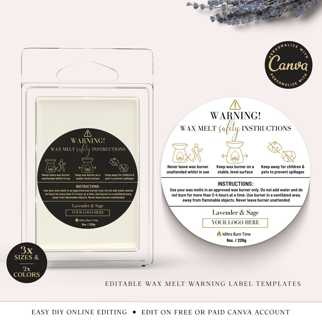 Wax Melt Warning Label CANVA Editable Template 3 Sizes DIY Wax Melt ...