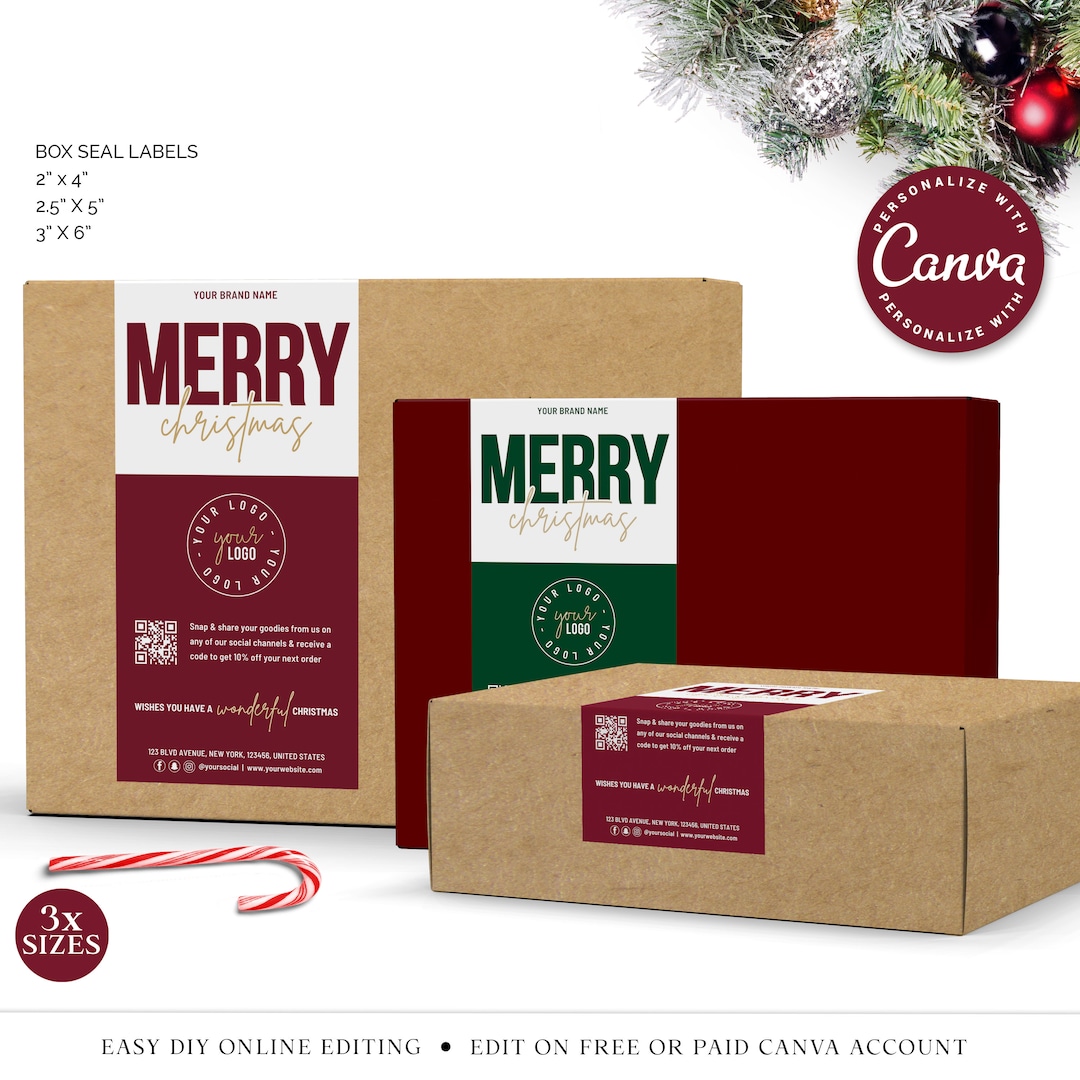 CANVA Box Seal Label Template, 3 SIZES Editable Christmas Shipping Box ...