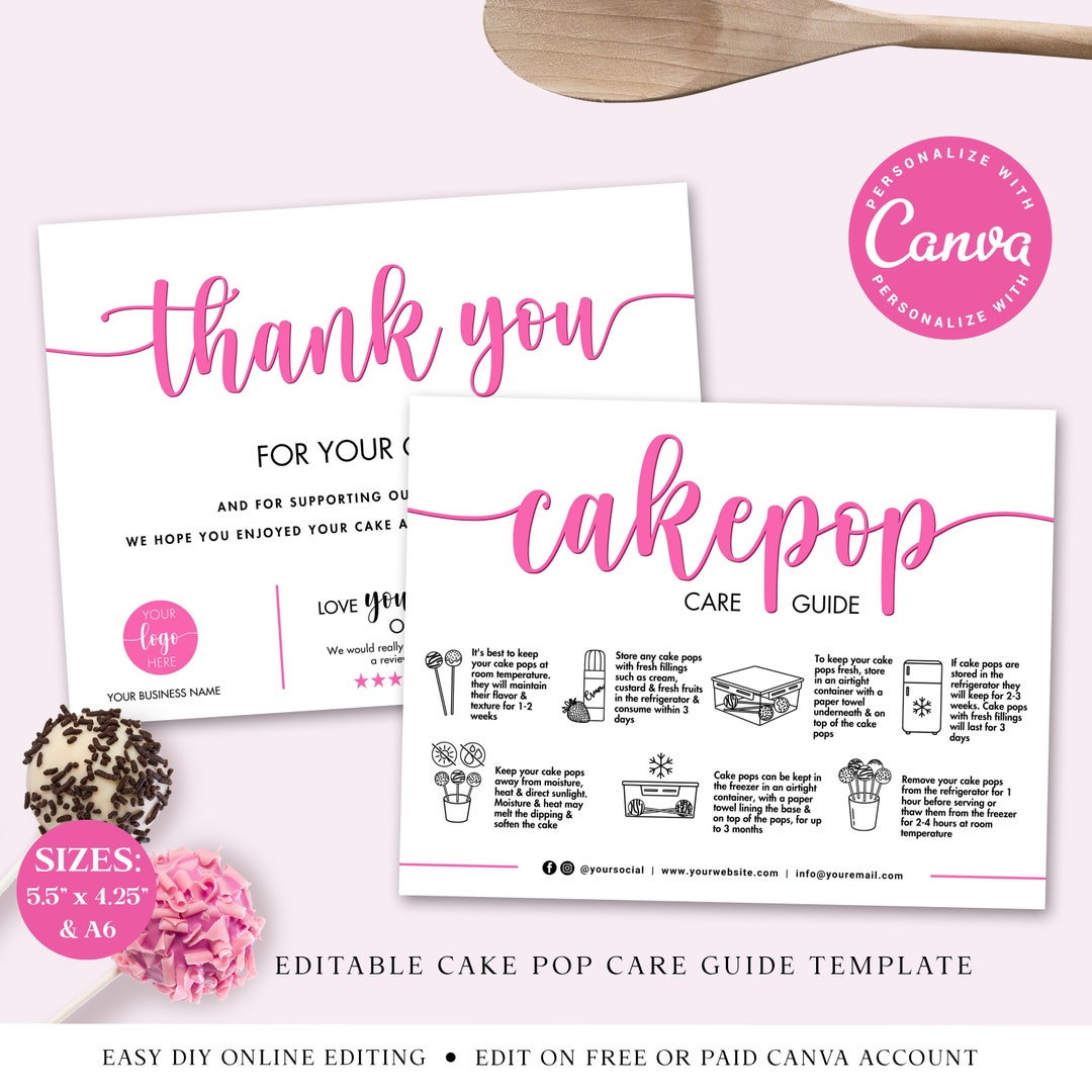 CANVA Cake Pops Care Guide Editable Template, Printable Cake Pop Care Card, Simple Cake Lolly ...