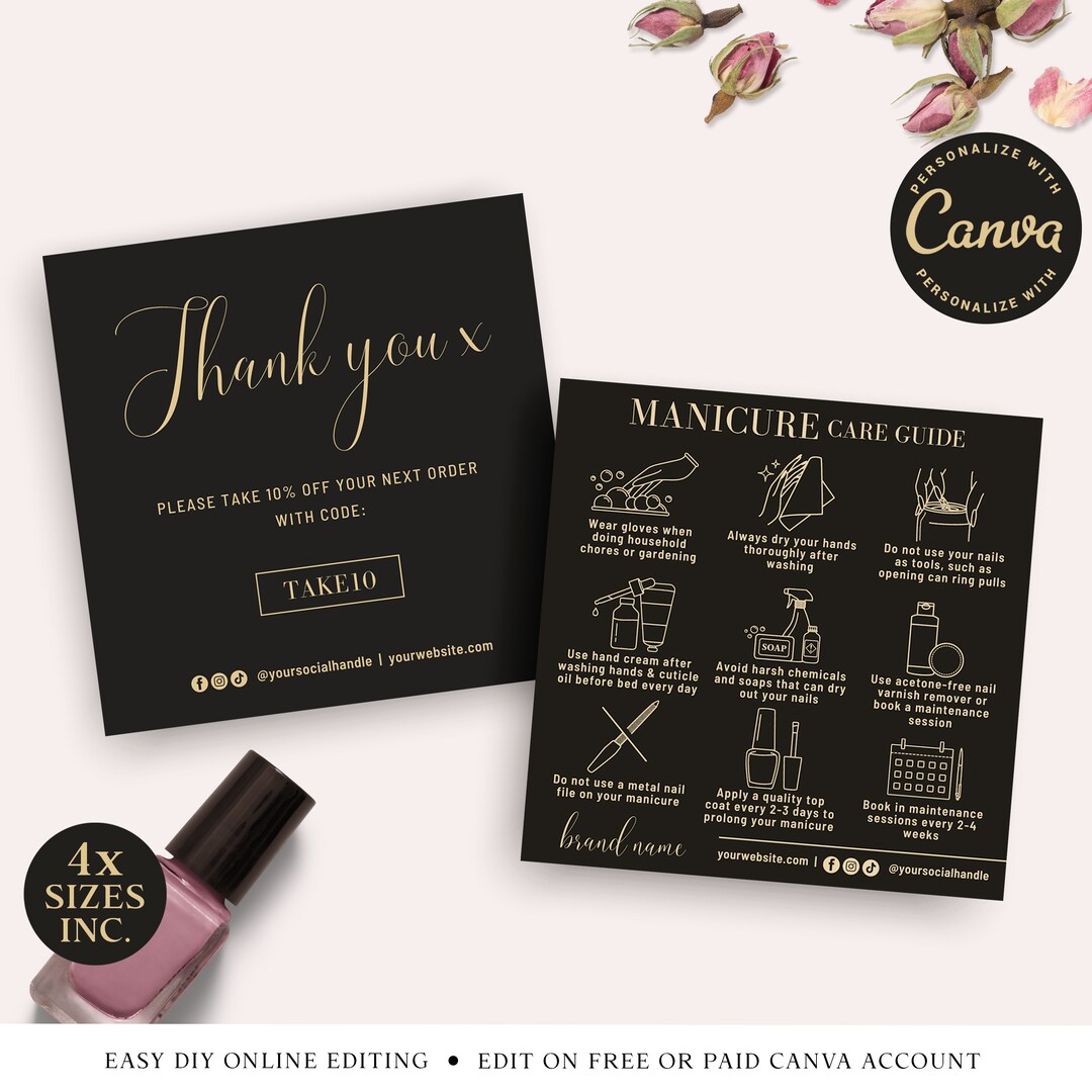 Manicure Aftercare Card CANVA Editable Template, 4 SIZES Nail Care ...