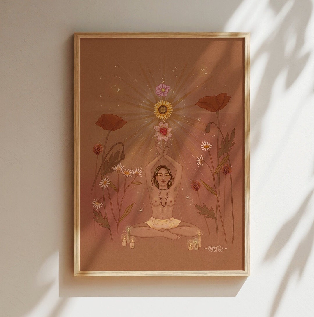 Wildflowers Artwork Yoga Pose Nature Woman Art Sun Print Summer Flowers ...