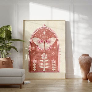 Butterfly Art Poster Folk Illustration Pink Floral Art Boho Wall Decor ...