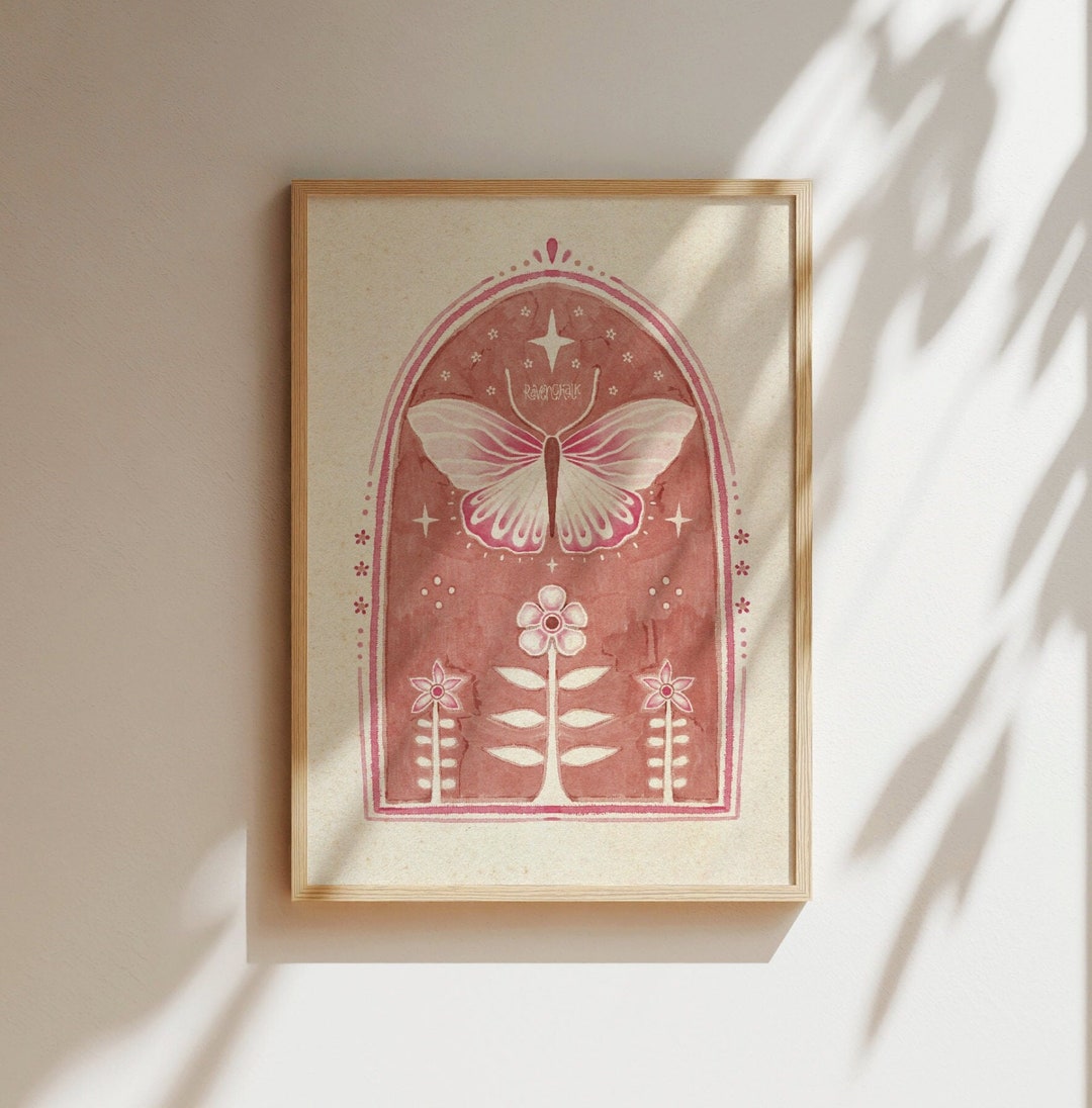 Butterfly Art Poster Folk Illustration Pink Floral Art Boho Wall Decor ...
