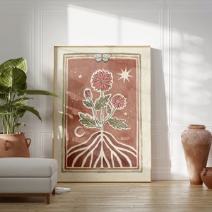 Sun Moon Art Earthy Floral Poster Boho Illustration Folk Artwork Floral ...