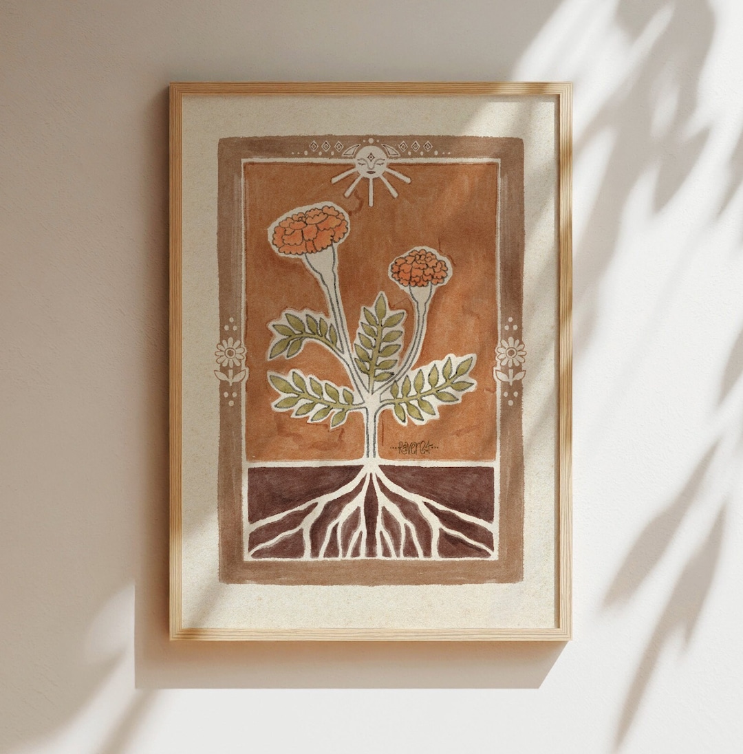 Boho Floral Poster Wild Flower Painting Folk Illustration Spiritual Sun ...