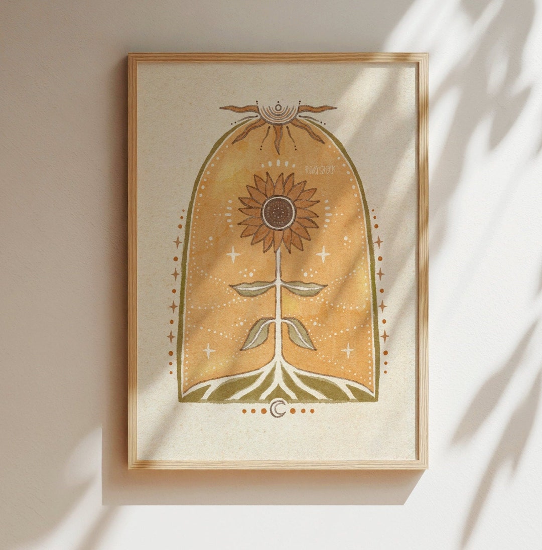 Sun Poster Sunflower Art Print Boho Room Decor Earthy Flower ...