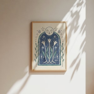 Spiritual Art Print Moon Phase Illustration Boho Gift Idea Blue Folk ...
