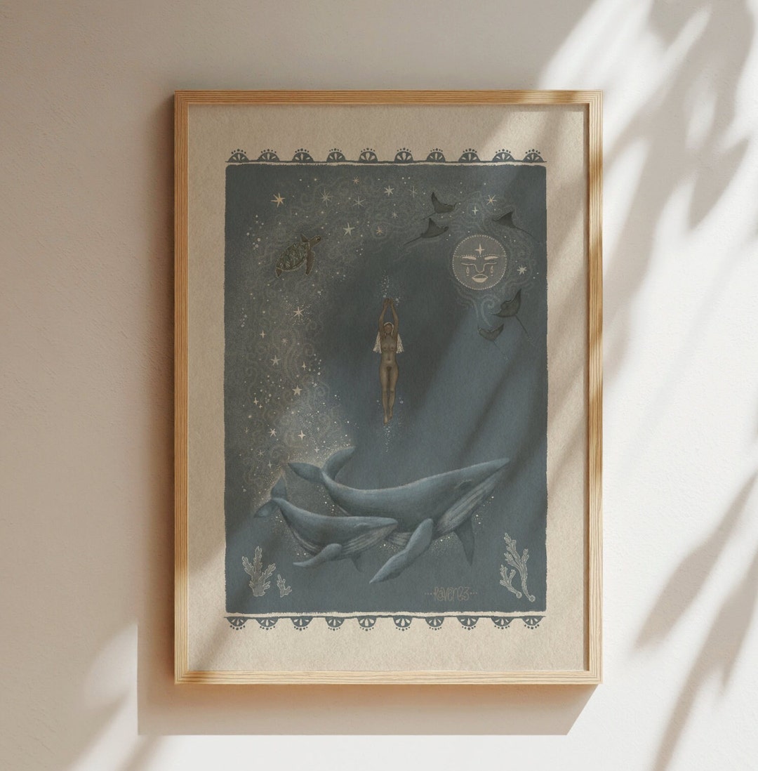 Whale Magic Poster Moon Art Print Magical Sea Turtle Illustration Ocean ...