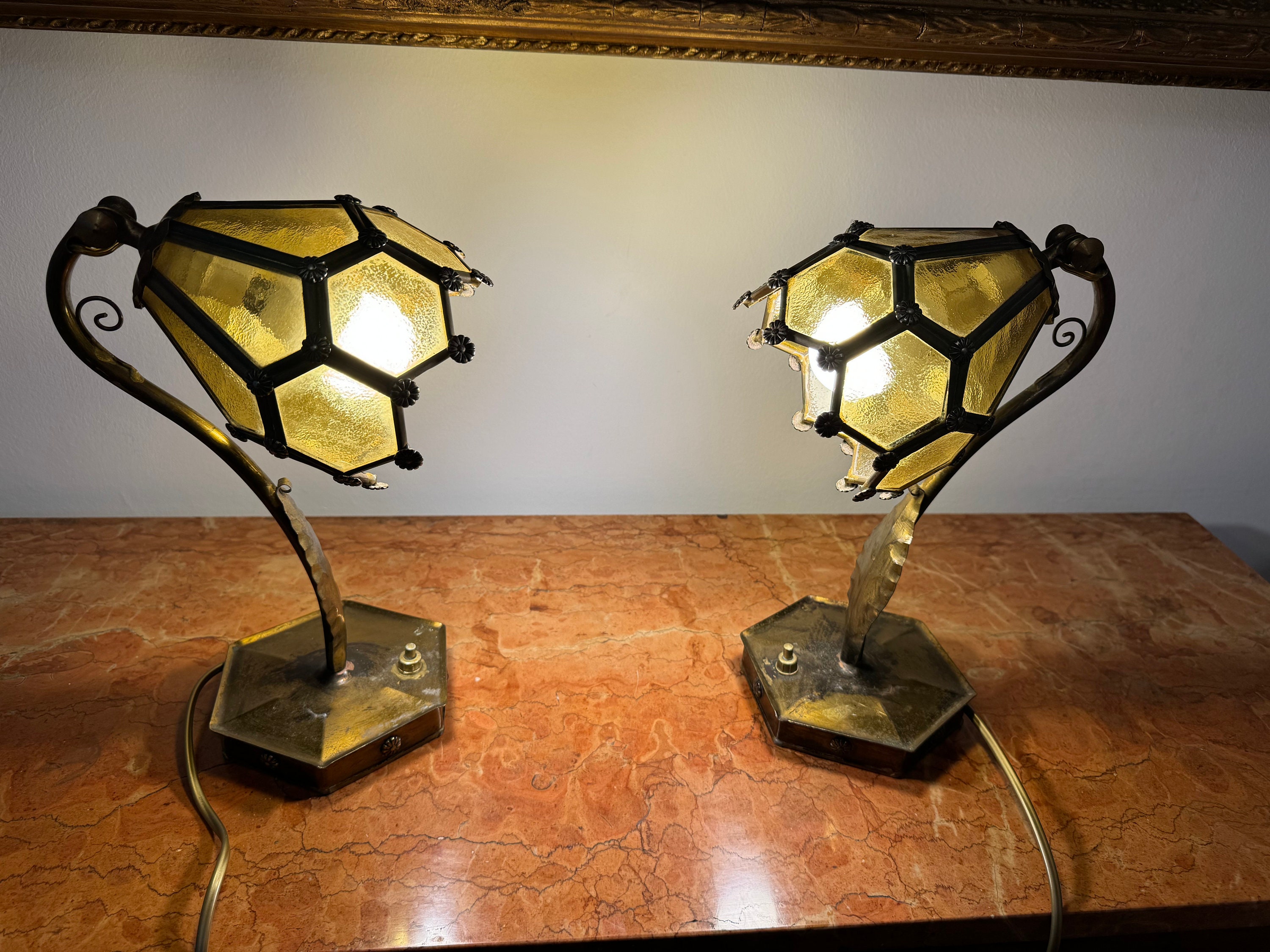 RESTORED. Two Vintage Italian Yellow Stained Glass Bedroom Lamps ...