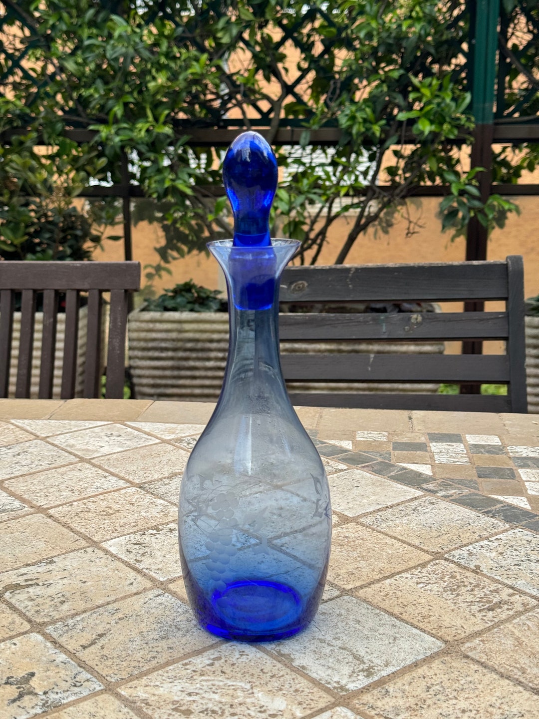 Vintage Cobalt Blue Decanter Bottle With Etched Grapevine Design ...