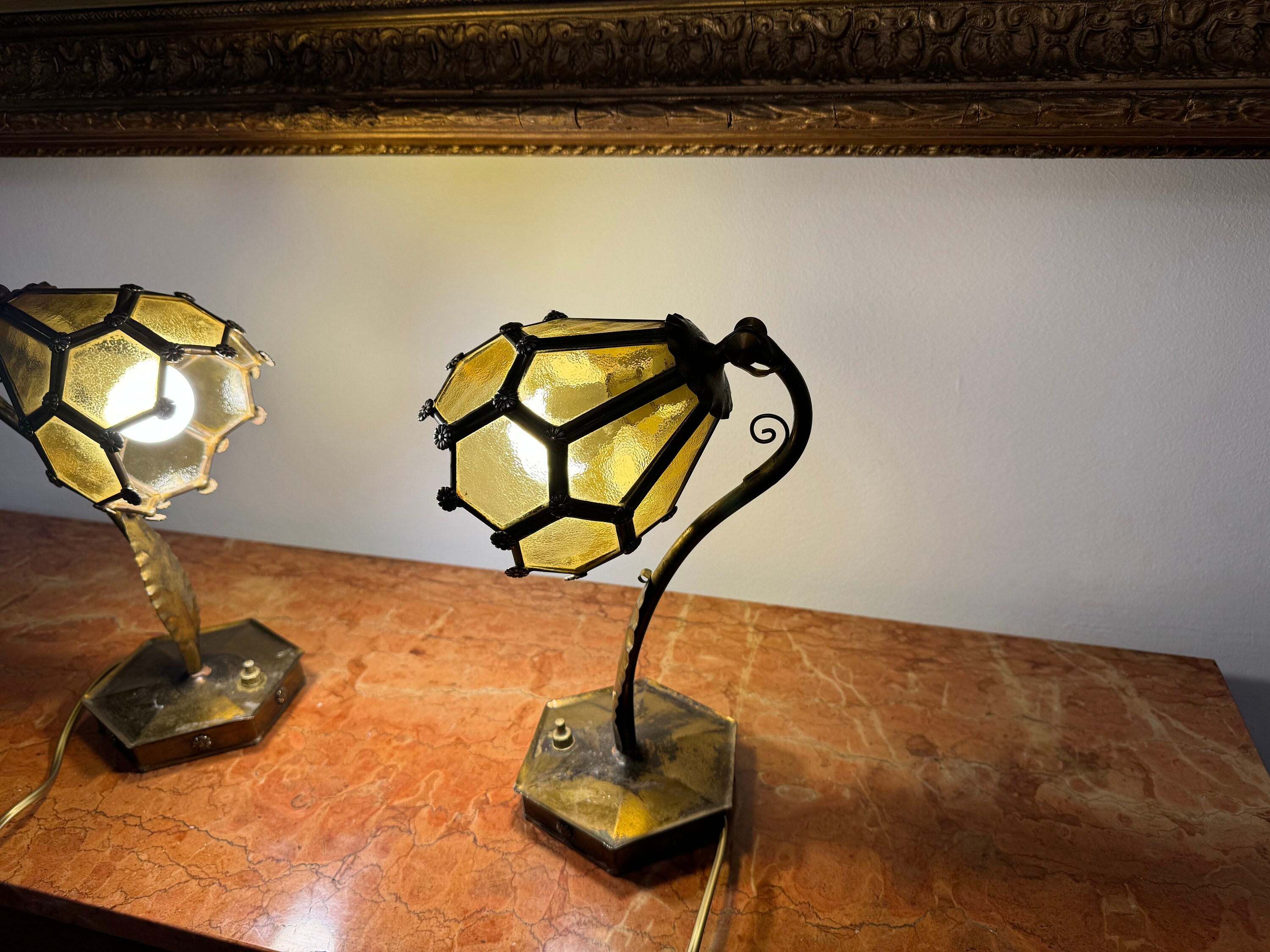 RESTORED. Two Vintage Italian Yellow Stained Glass Bedroom Lamps ...