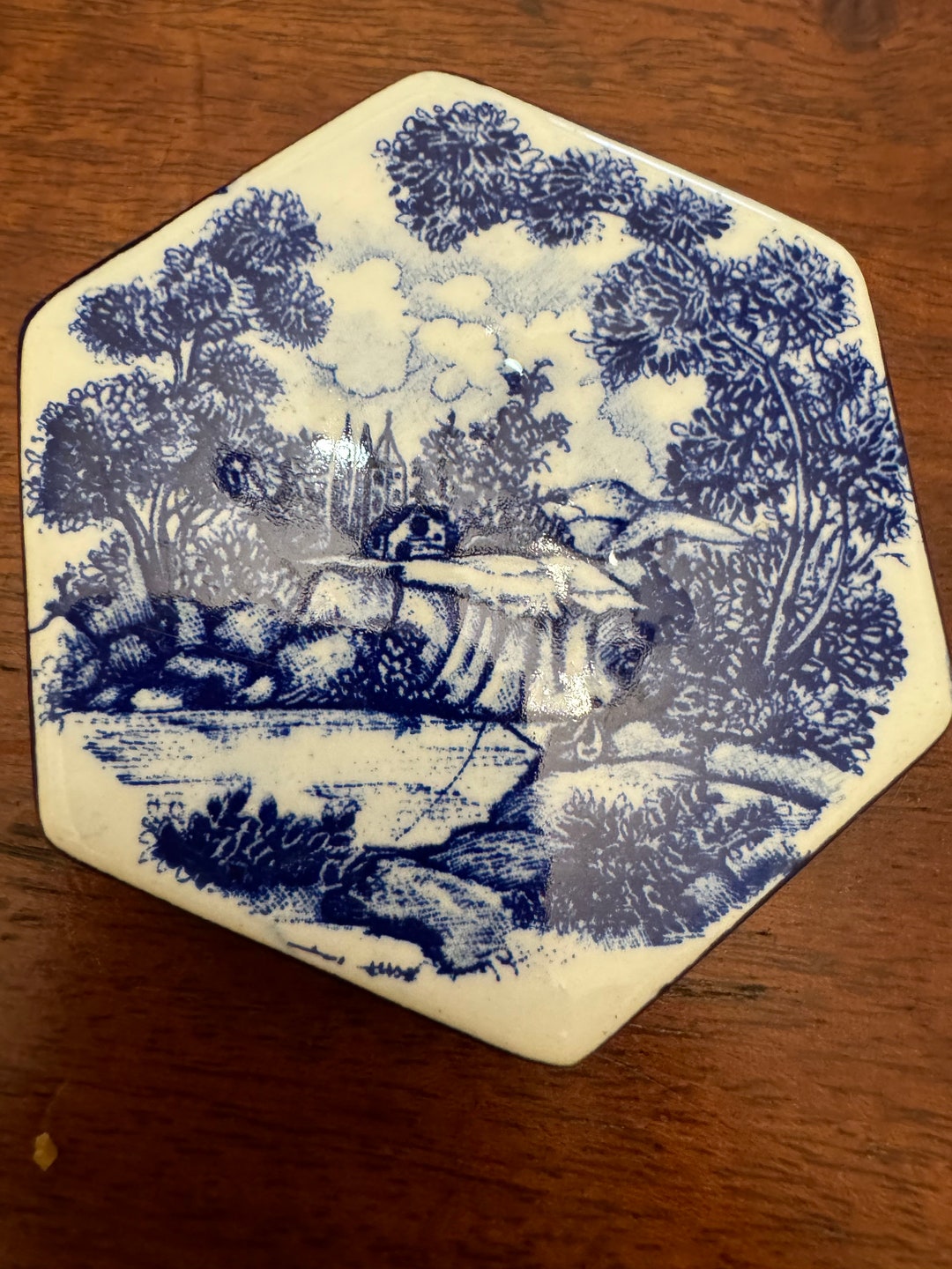 Vintage Little Hexagonal Porcelain Trinket Box White and Blue Decor ...