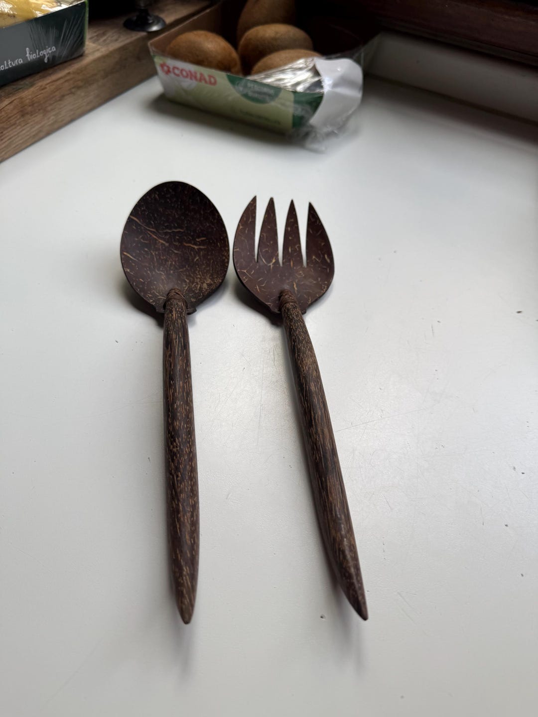 Vintage Coconut Serving Spoon and Fork for Salad. Delicate Weaving ...