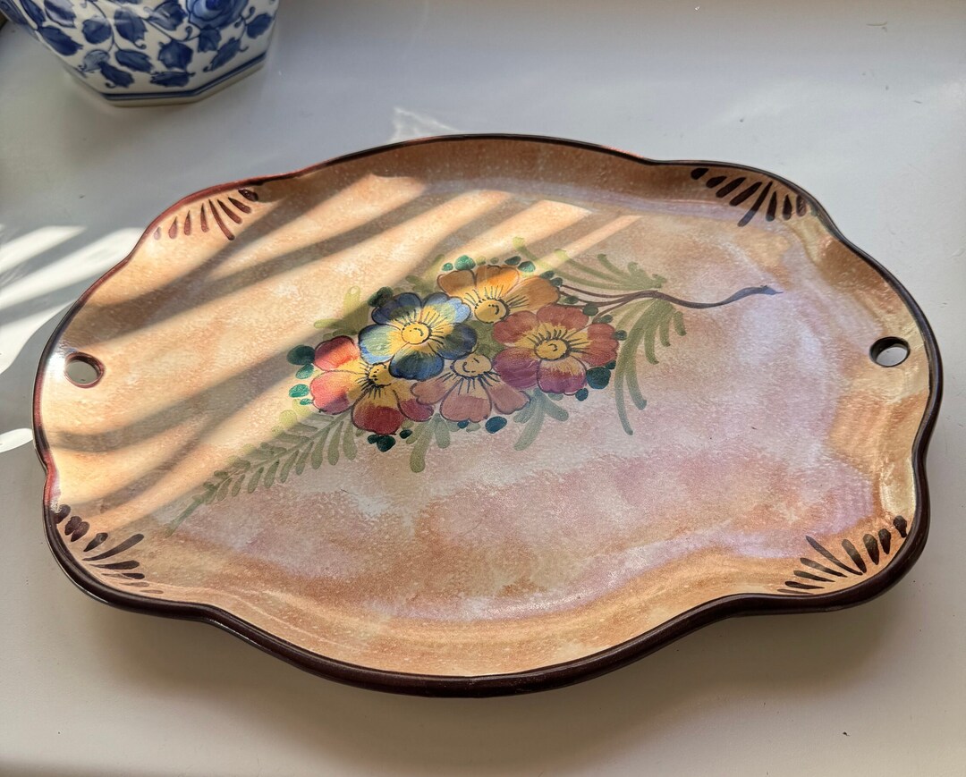 Vintage Italian Heavy Ceramic Tray With Flowers. Lateral Holes. Vassoio ...