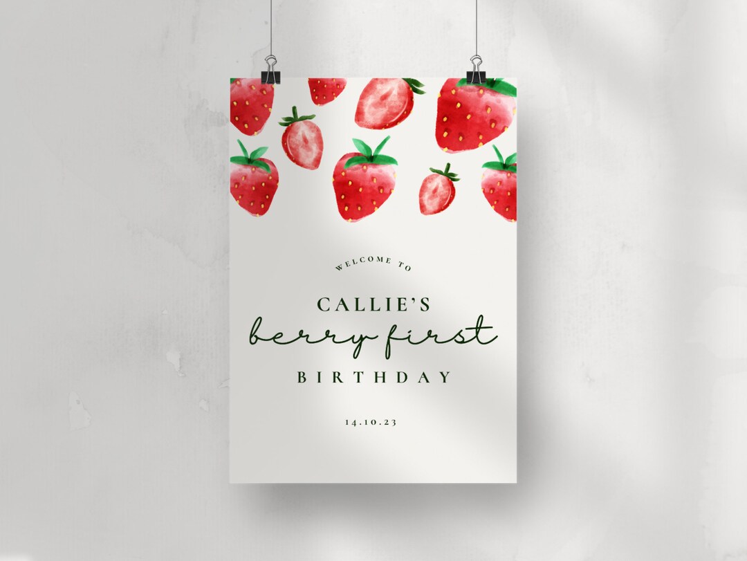 Berry First Birthday Welcome Sign Template Editable Stawberry Party ...