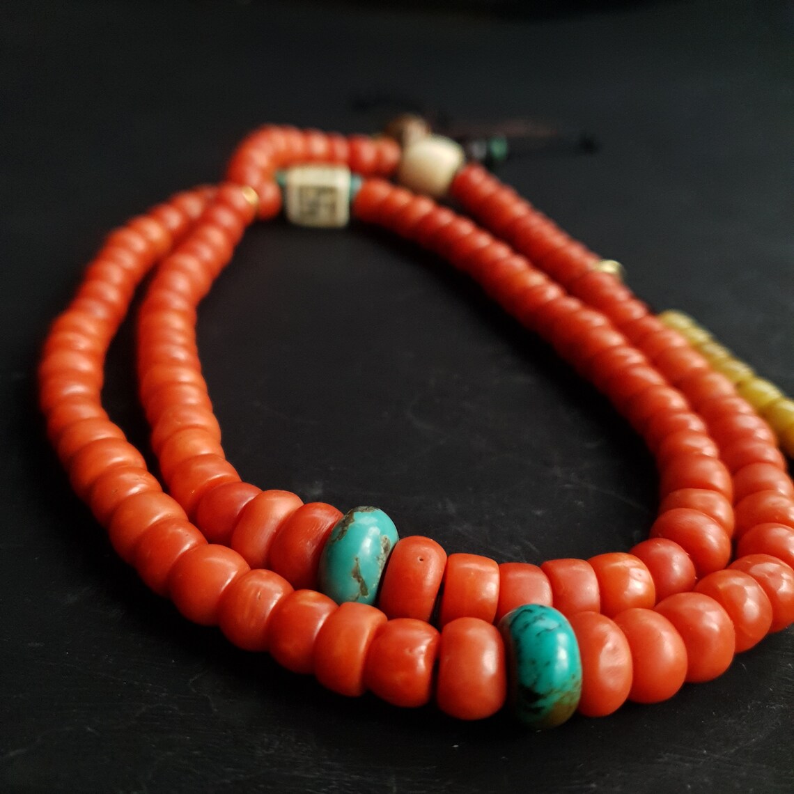 Red Coral Mala Necklace and Tibetan Turquoise, Antique Coral, Dzi Beads ...