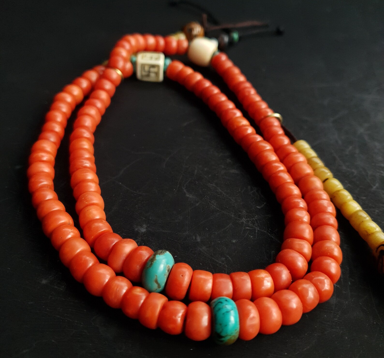 Red Coral Mala Necklace and Tibetan Turquoise, Antique Coral, Dzi Beads ...