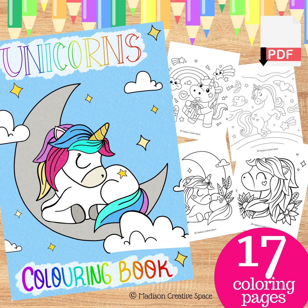 Unicorns Colouring Book, 17 Printable Pages, Digital Download, for Kids ...