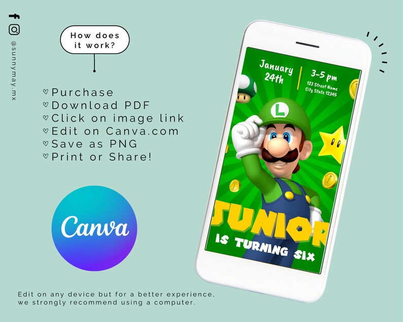 Invitación de cumpleaños de Luigi / Invitación de Mario Bros / Tema de ...