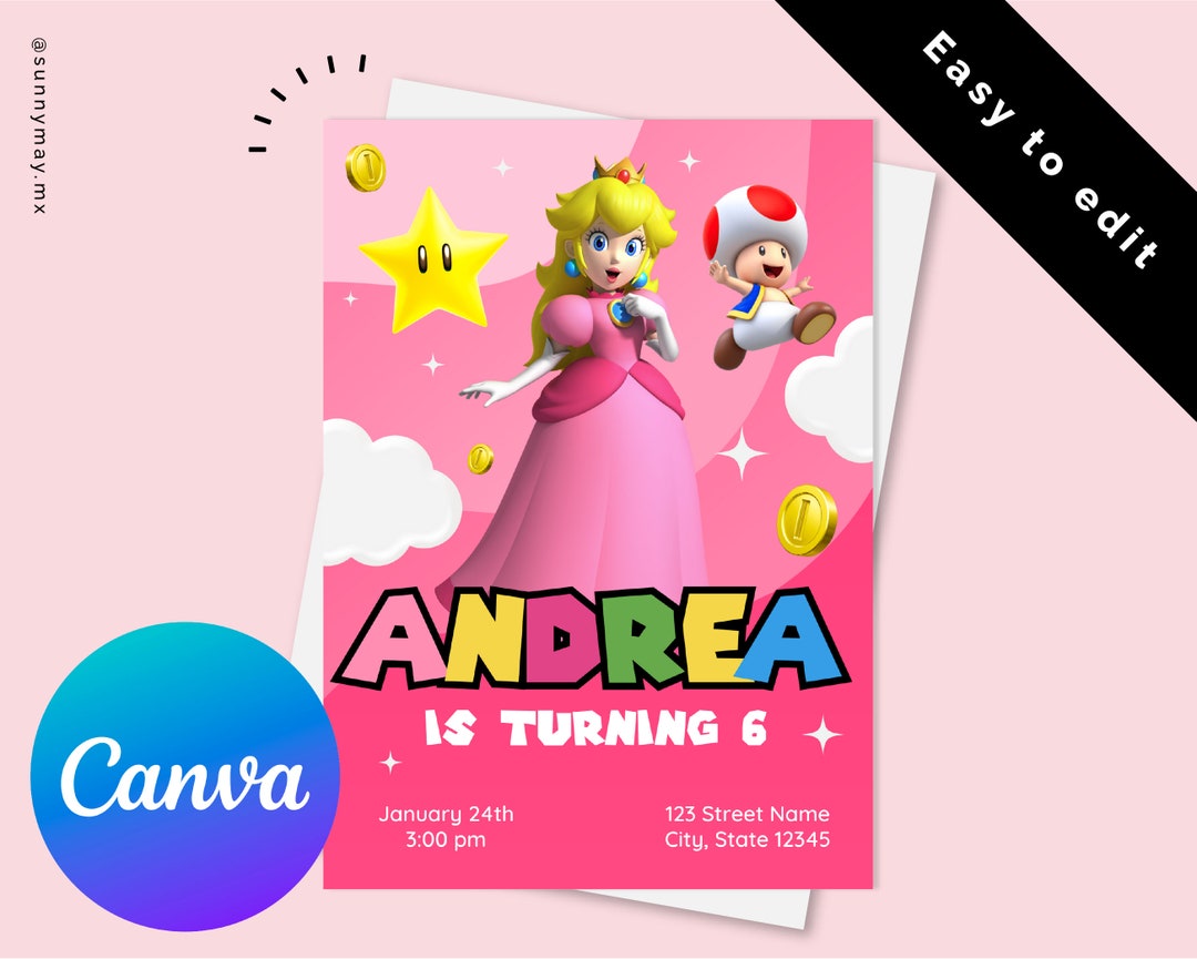 Invitación de la princesa Peach / Invitaciones de cumpleaños - Etsy España