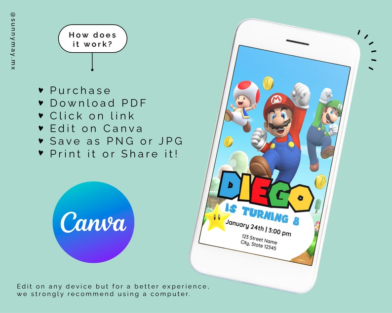 Mario Bros Invitation Super Mario Luigi Bros Birthday Invites Blue ...