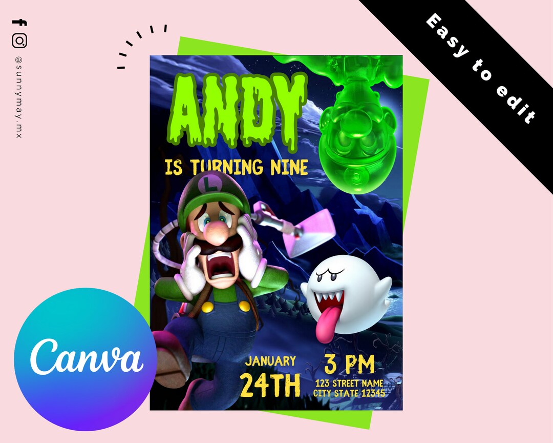 Luigi's Mansion Digital Invitation | Luigi Mario Bros Birthday Invites ...
