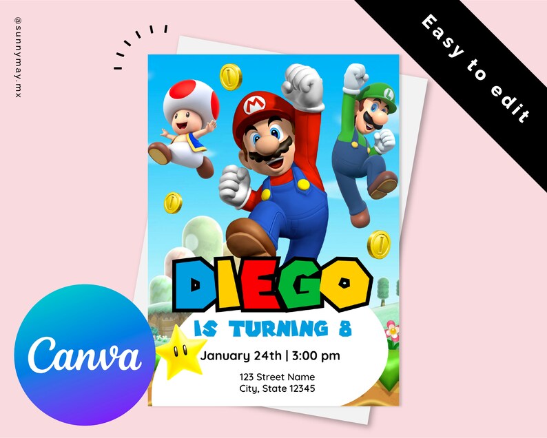 Mario Bros Invitation | Super Mario Luigi Bros Birthday Invites | Blue ...