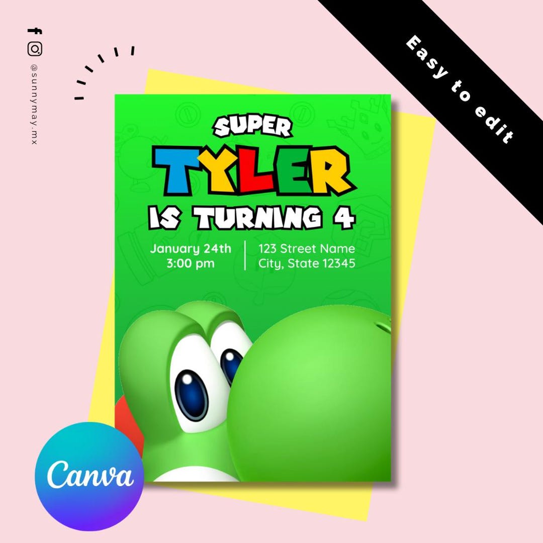 Yoshi Invitation | Mario Bros Birthday Party | Green Gamer Birthday ...