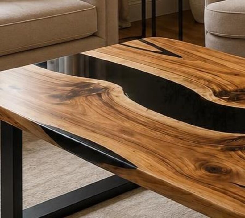 Black Epoxy Resin Coastal Dining Table Top With Iron Stand Handcrafted ...