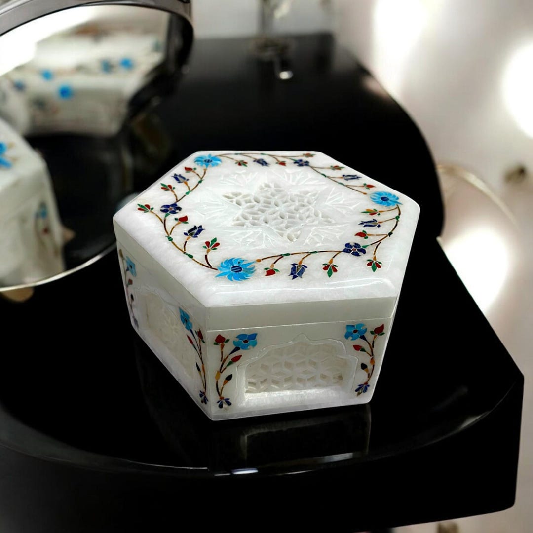 4"x4"x2" Octagon White Marble Storage Jewelry Box With Unique Design ...