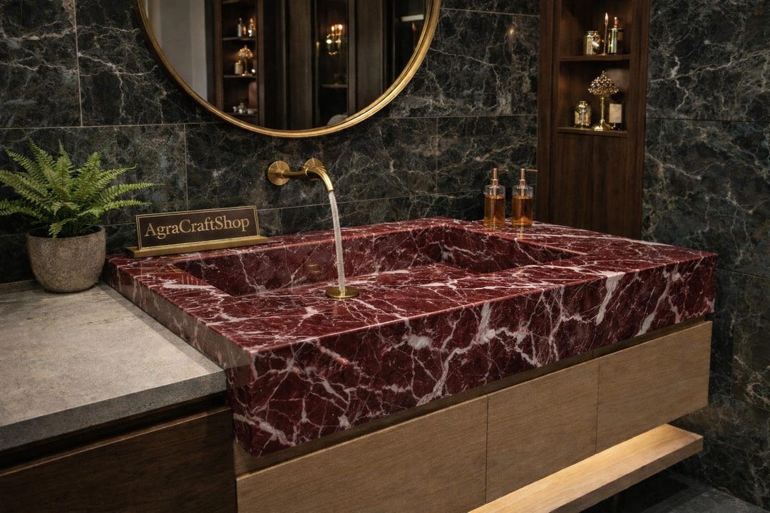 Rosso Levanto Marble Sink, Deep Red Stone Wash Basin, Luxury Bathroom ...